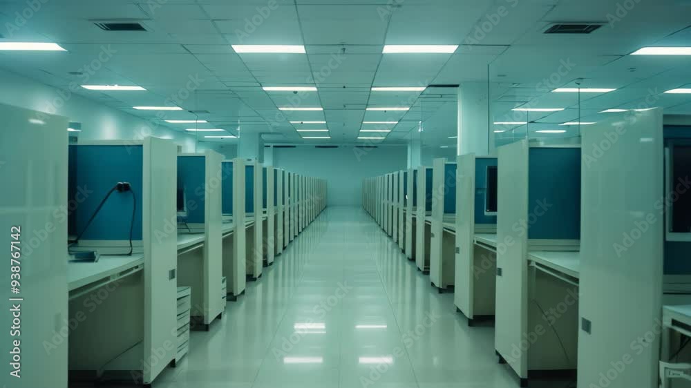 Rows of identical workstations in an empty office cubicle farm, A ...