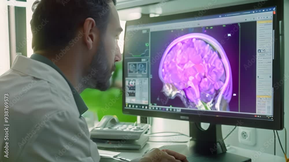 A doctor examines a colorful MRI scan of the brain on a computer, A ...