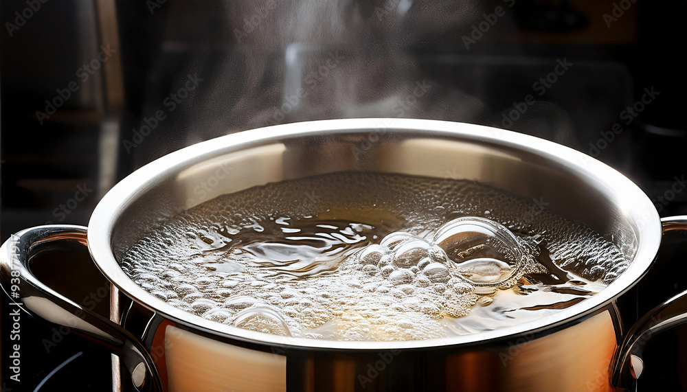 Boiling water in a pot, focusing on the bubbles and steam, representing ...