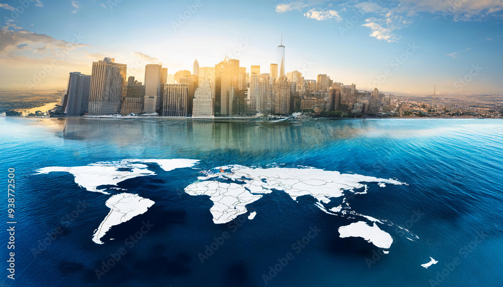 Conceptual image of a world map drowning in water, symbolizing rising ...
