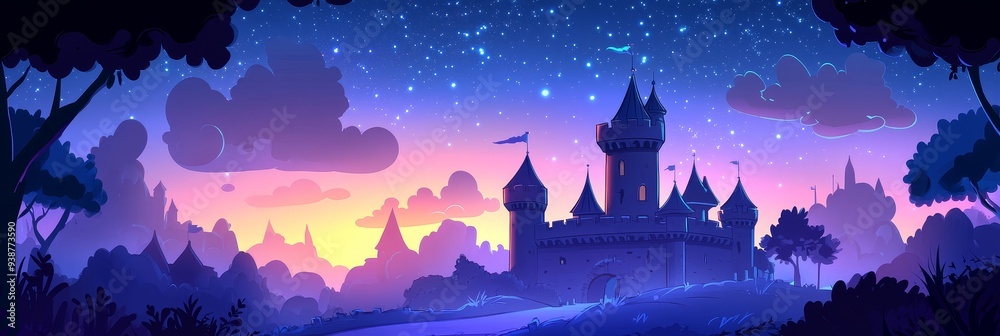 A whimsical cartoon illustration depicting a majestic castle bathed in ...