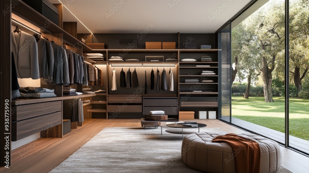 This contemporary walk-in closet boasts a sleek design with ample ...