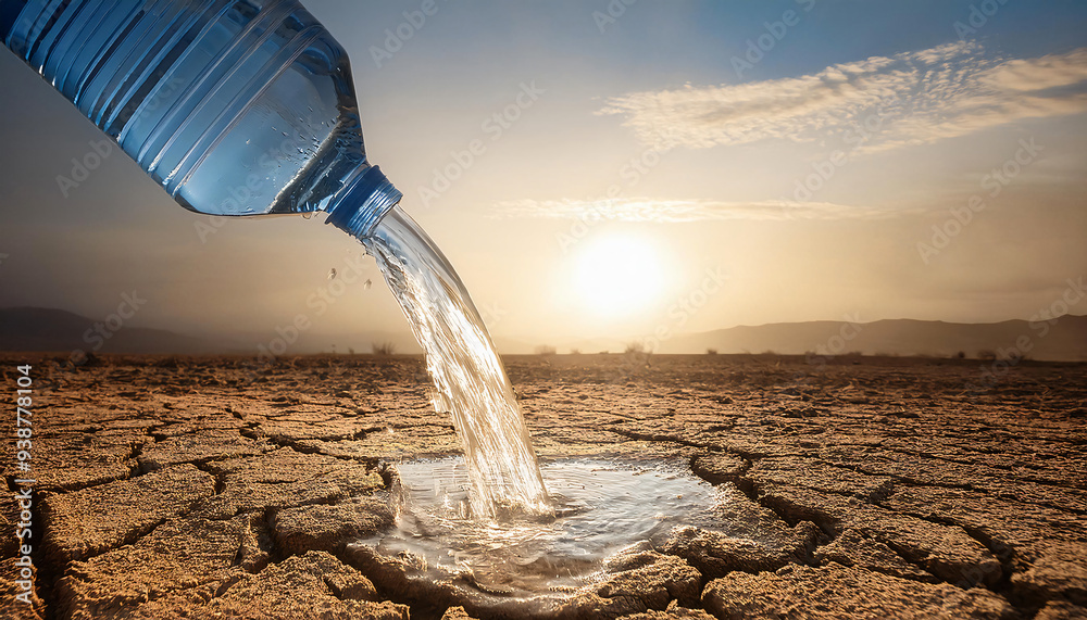 Water being poured into a drought-stricken soil, illustrating the ...