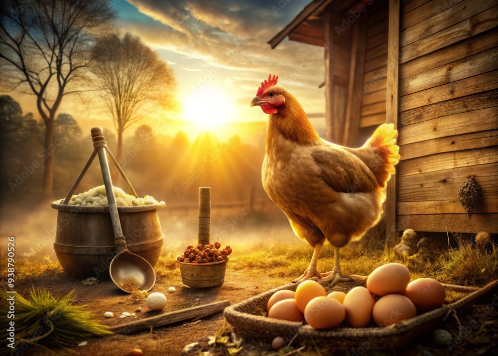 Golden sunlight illuminates a rustic farmstead's yard, amidst lush ...