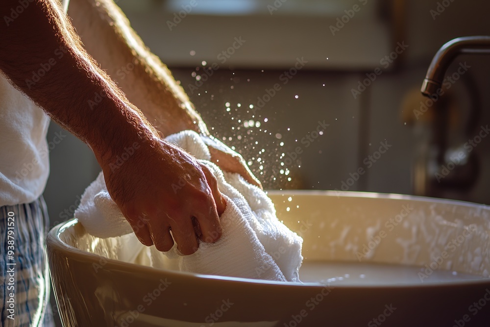 Man handwashing clothes in basin with water splashing in sunlit Stock ...