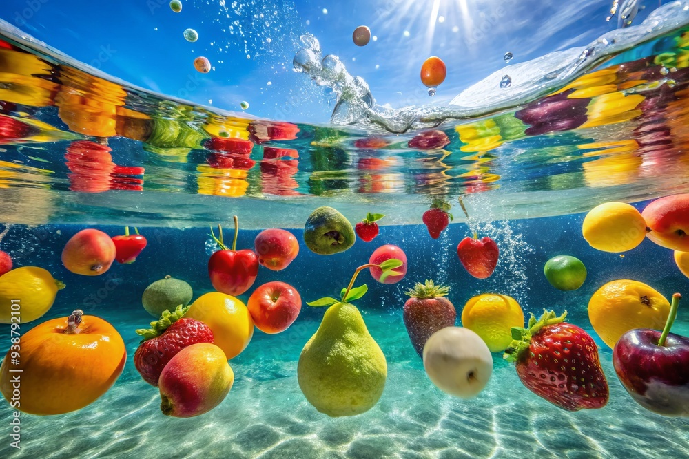 A stunning underwater scene unfolds, with a medley of fresh fruits ...