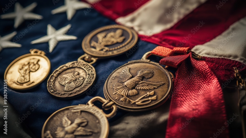 A close-up of military medals and ribbons displayed on a uniform ...