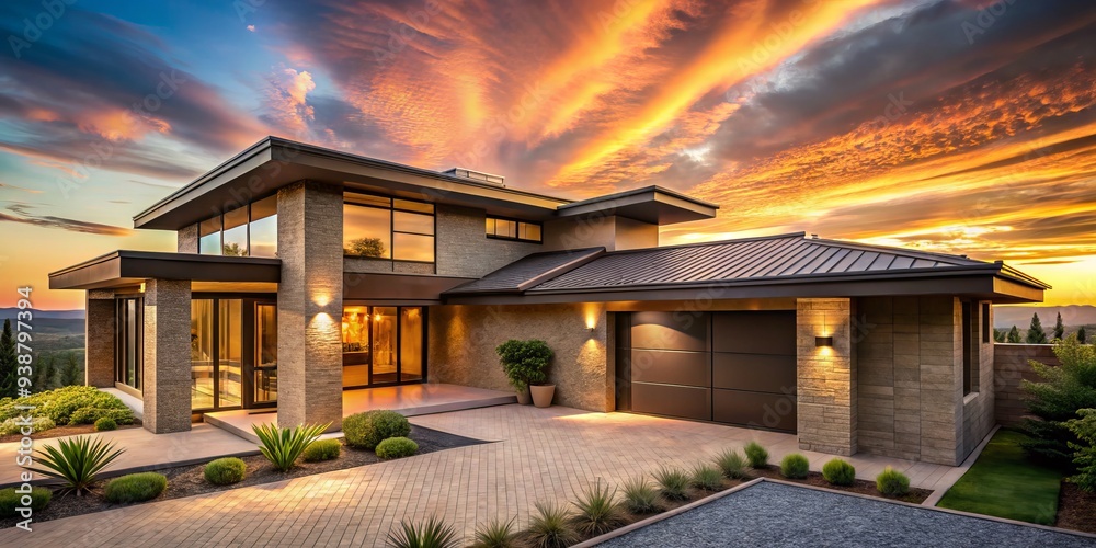 modern residence with intricate roof design and textured walls, shot at ...