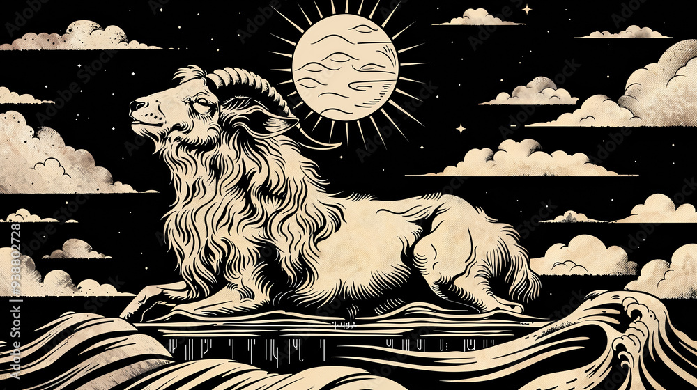 Capricorn zodiac sign banner, a majestic ram rests on rocky terrain ...