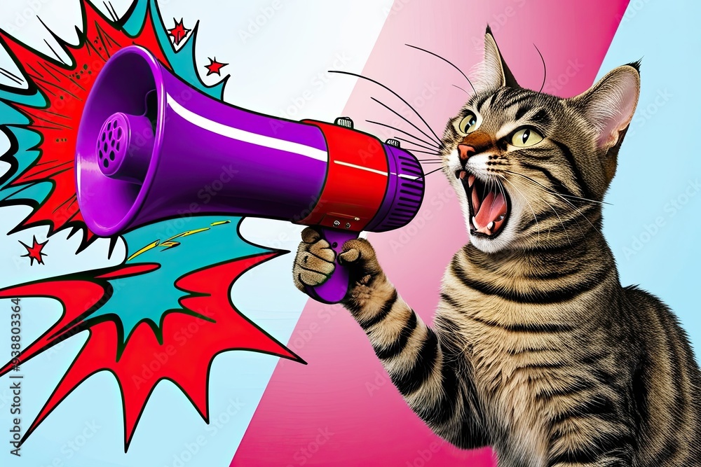 Vibrant Mid-Century Comic Artwork of Energetic Tabby Cat Yelling into ...