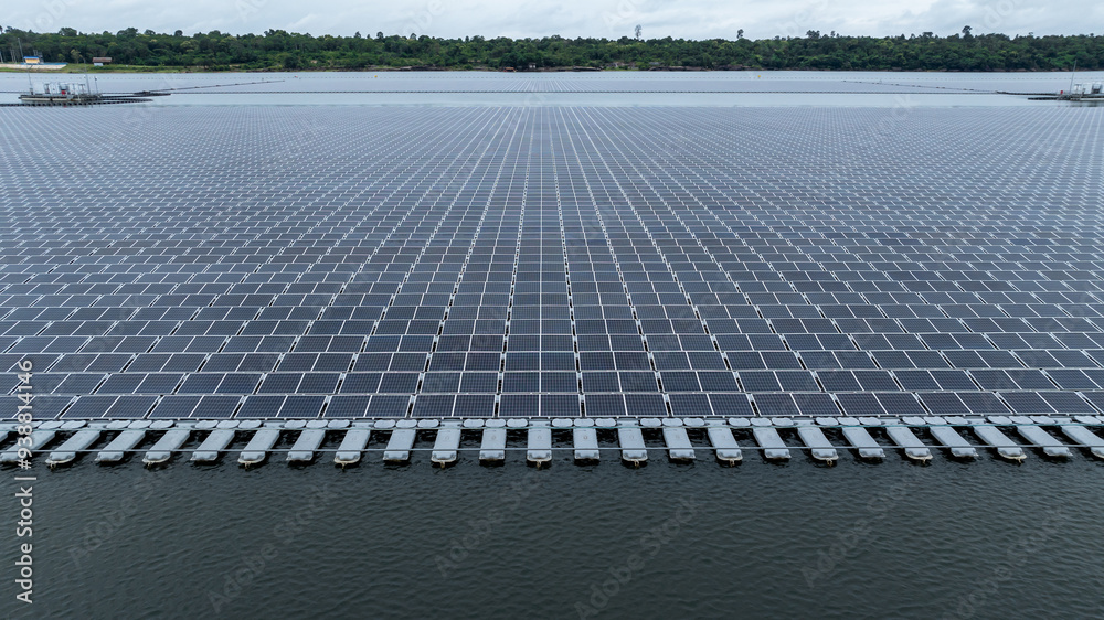 Aerial view hydro floating solar hybrid power plant, Hydro floating solar panel platform system ...