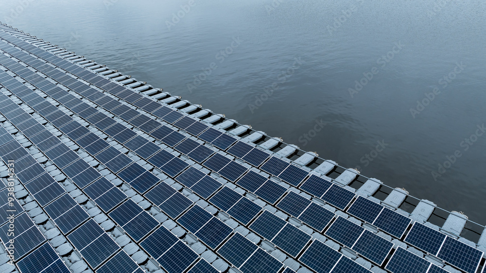 Aerial view hydro floating solar hybrid power plant, Hydro floating solar panel platform system ...
