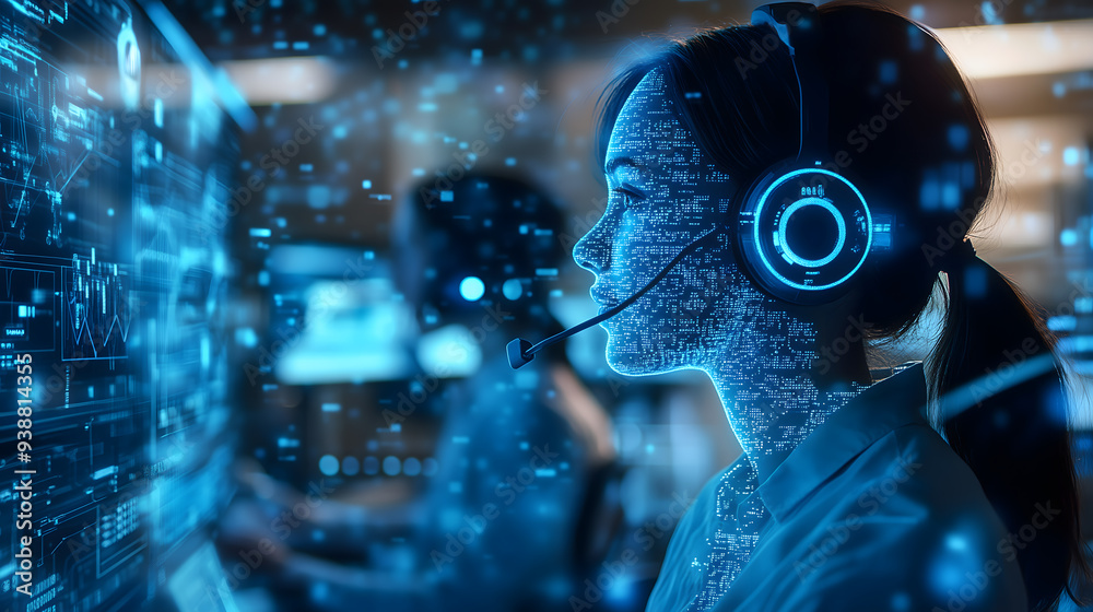 Elevating customer service with blue technology hologram of Digital on ...