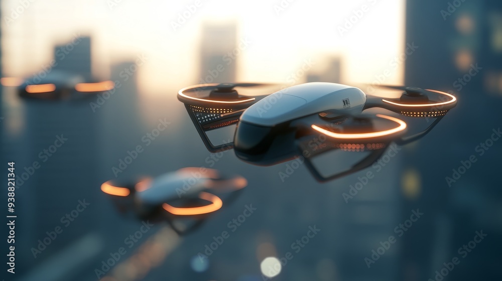 Autonomous drone taxis soaring through futuristic cityscape. Advanced ... Autonomous drone taxis soaring through futuristic cityscape. Advanced ...