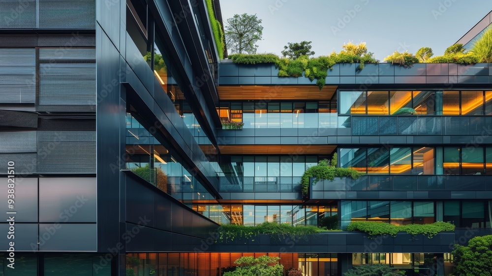 Eco-friendly building. Sustainable office building with garden on ...