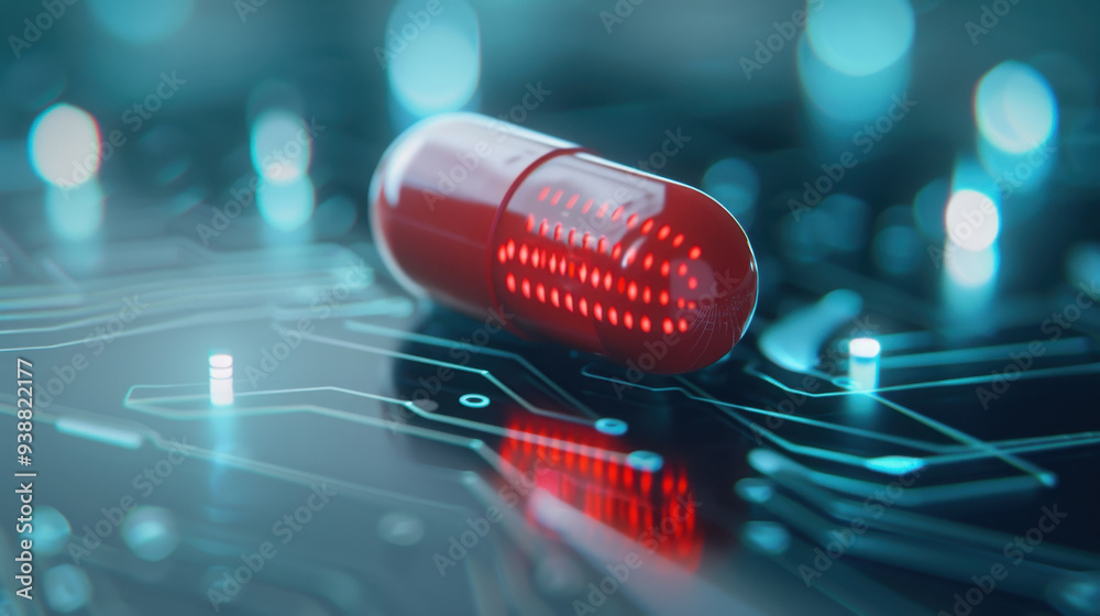 Smart pill embedded with nanobots, featuring a holographic display of ...