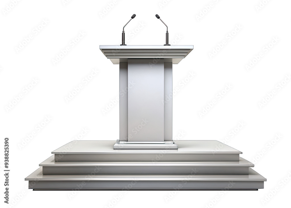 An isolated image of a white podium with two microphones on top. The ...