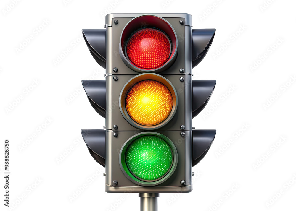 A single traffic light with three lights is shown on a white background ...