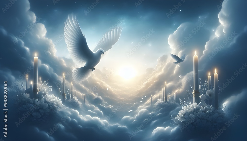 sky funeral background with white dove, copy space for text Stock ...