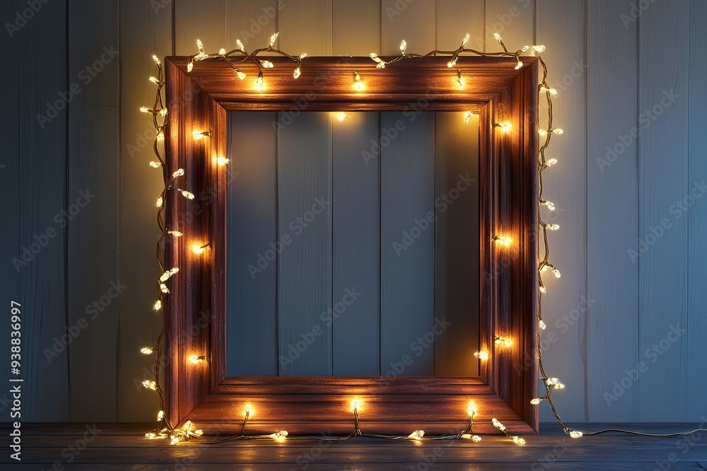 Realistic 3D Depiction of Vintage Wooden Frame Adorned with Twinkling ...