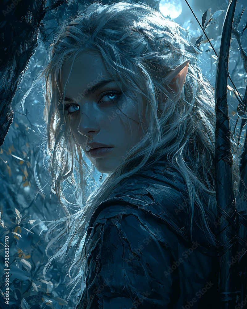 elf archer with white hair and sharp eyes, standing in a moonlit forest ...