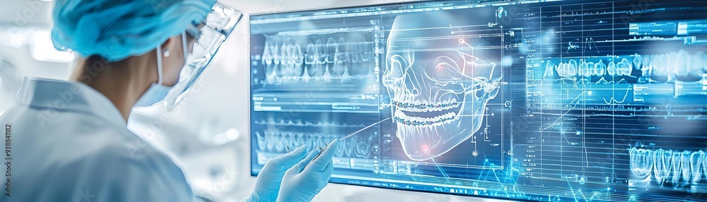 An orthodontist adjusting braces with the help of digital monitoring ...