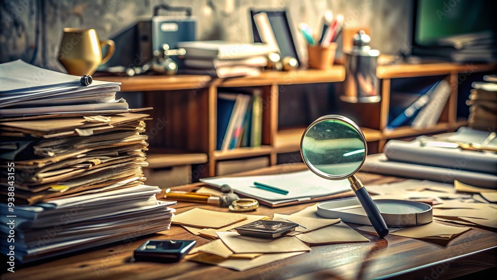 A blurred detective office background with files, papers, and ...