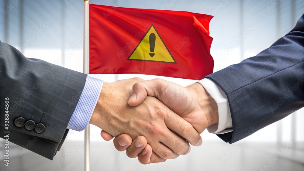A caution symbol overlaid on a split-screen image of a handshake and a ...