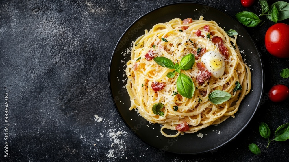 Pasta carbonara. Pasta with pancetta, egg, parmesan cheese, and cream ...