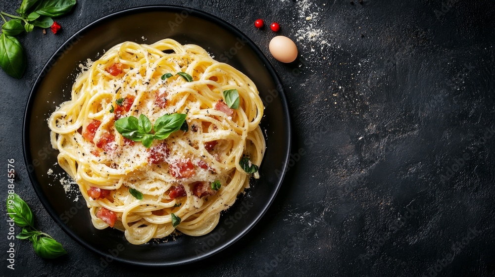 Pasta carbonara. Pasta with pancetta, egg, parmesan cheese, and cream ...