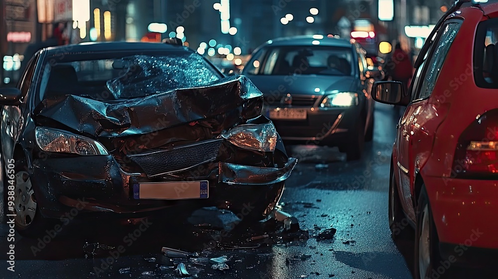 Damaged vehicles after a head-on collision on a city road, illustrating ...