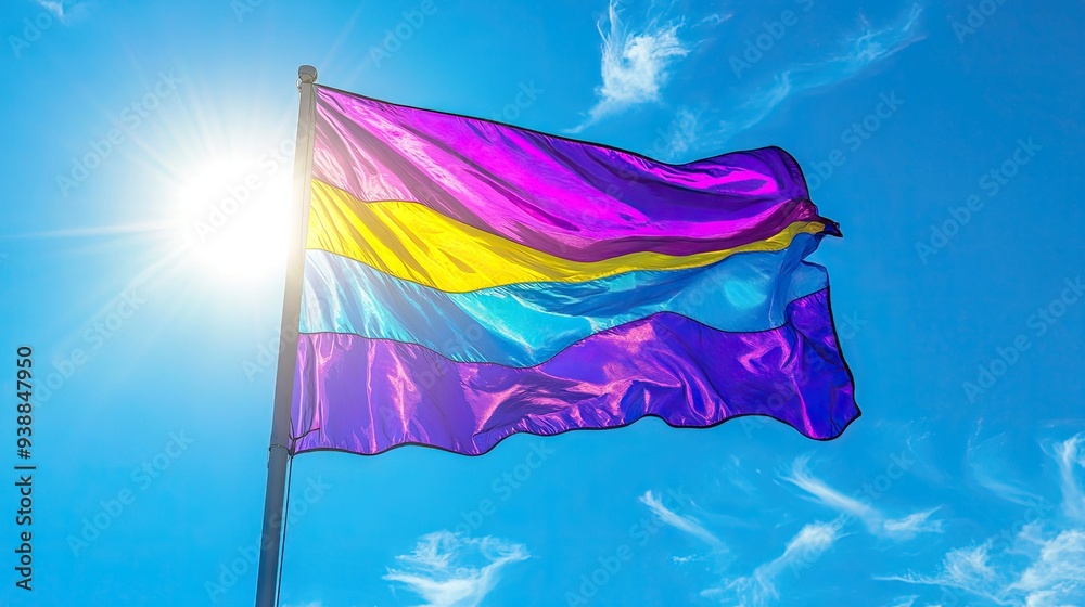 Genderfluid and non-binary pride flag waving proudly, showcasing the vibrant colors and the ...
