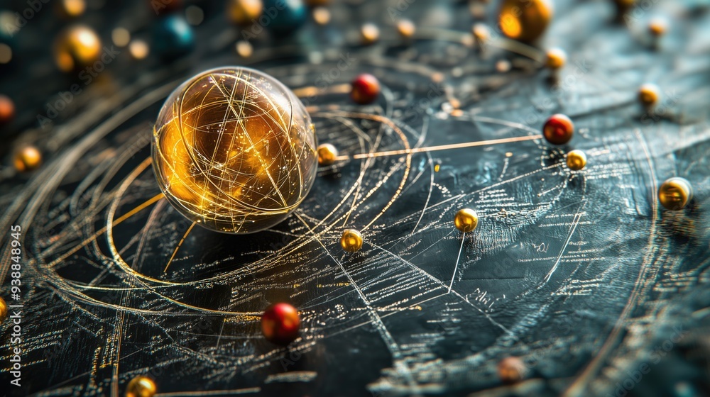 Laws of Physics abstract background with amber and golden balls Waves ...