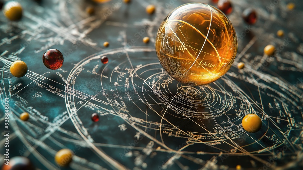 Laws of Physics abstract background with amber and golden balls Waves ...