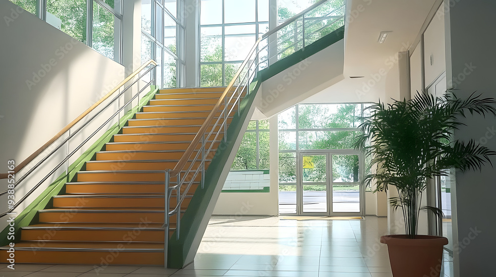 Ultra-Realistic 3D Model of School Building Staircase with Potted Plant ...