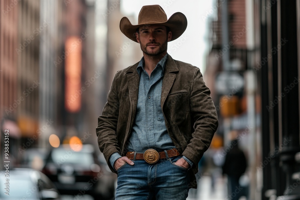Confident Cowboy Urban Portrait Stylish Man in Denim Jacket and Cowboy ...