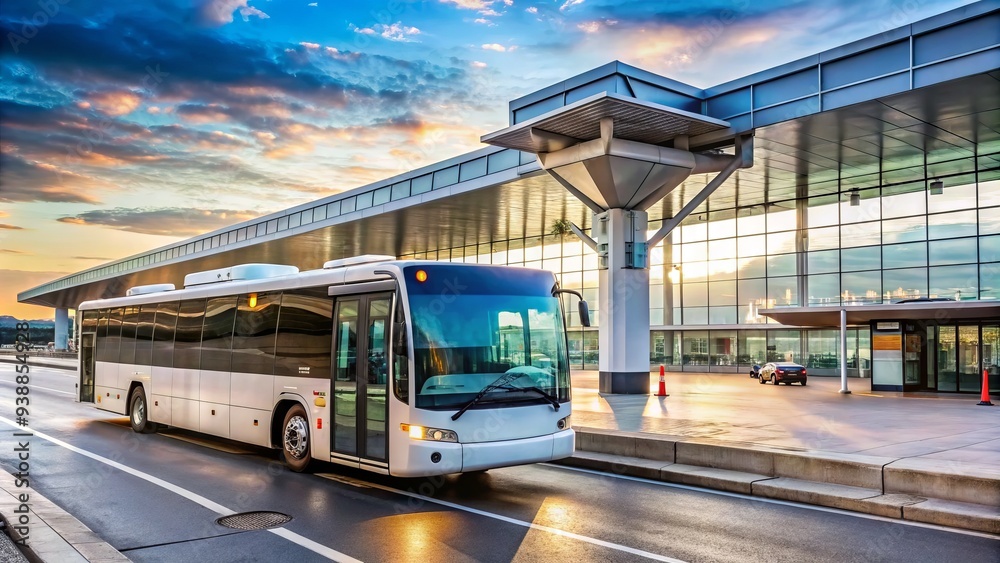 A modern shuttle bus waits at the curb outside a busy international ...