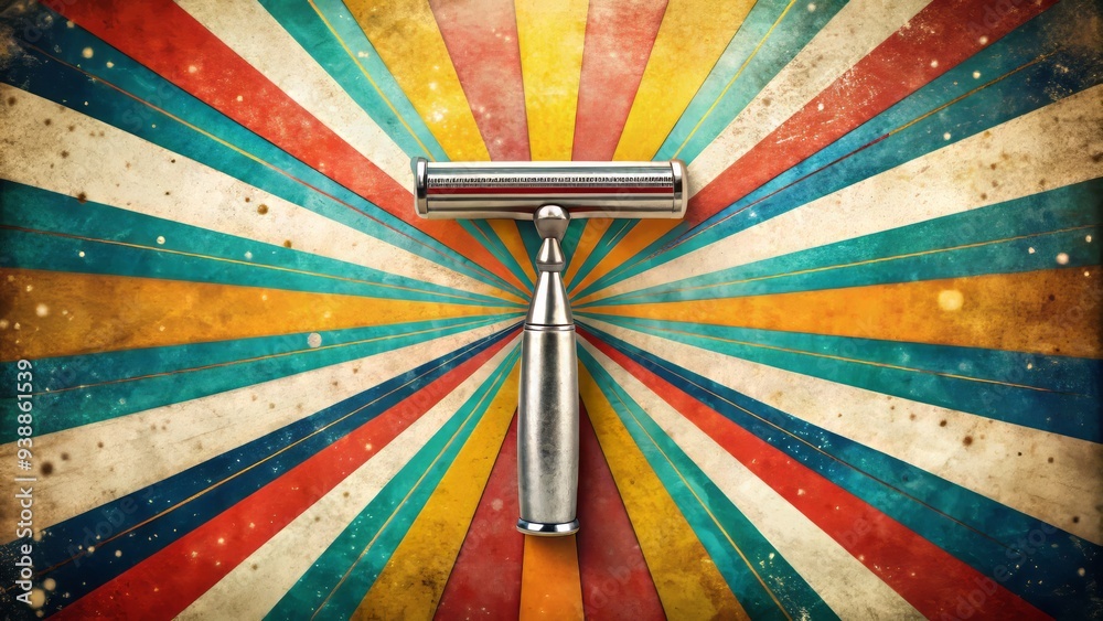 A shiny metal razor lies on a retro-style banner with a bold, colorful ...