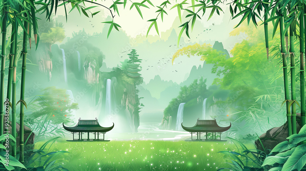 Chinese Giant Panda in Serene Green Setting, Bamboo Bonjing Suspended ...