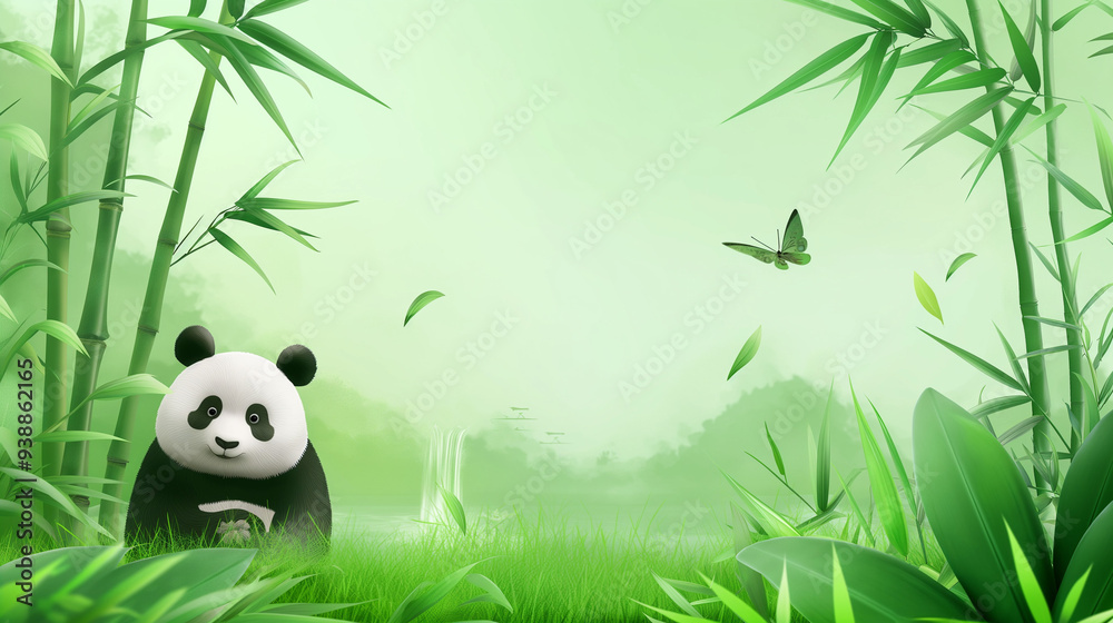 Chinese Giant Panda in Serene Green Setting, Bamboo Bonjing Suspended ...