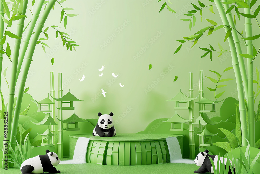 Chinese Giant Panda in Serene Green Setting, Bamboo Bonjing Suspended ...