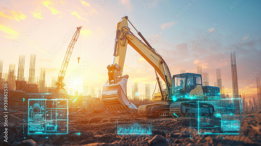 Futuristic construction site with digital overlays and cranes working ...