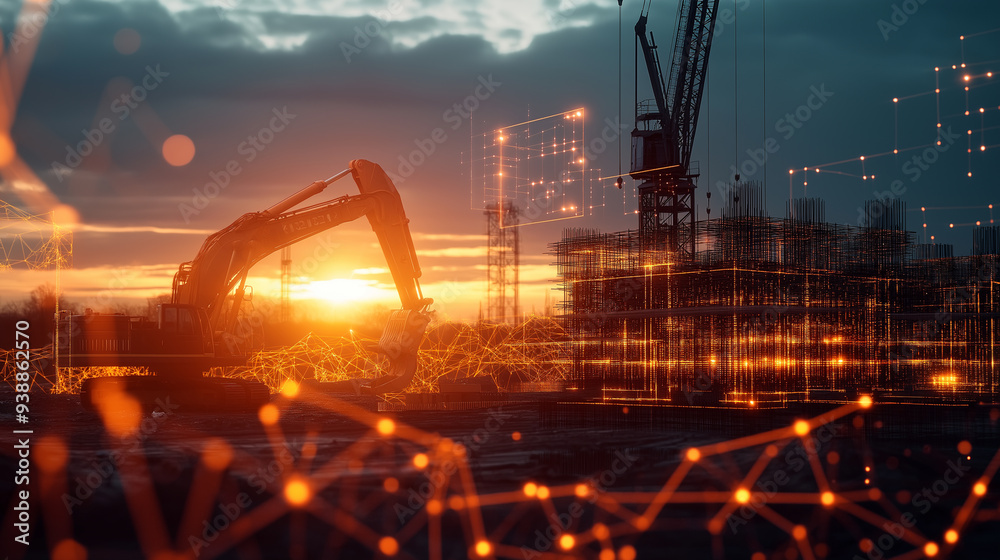 Futuristic construction site with digital overlays and cranes working ...