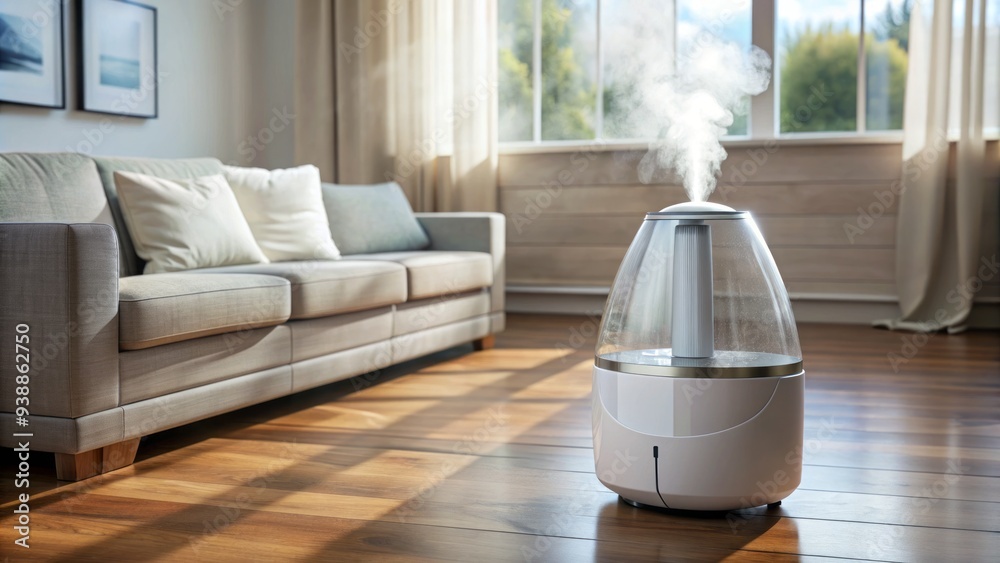 A sleek, modern floor humidifier stands alone on a stylish hardwood ...