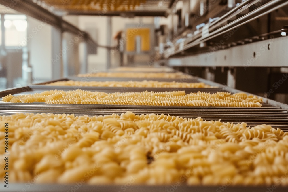 Pasta shapes drying on large trays in a spacious environment. The image ...