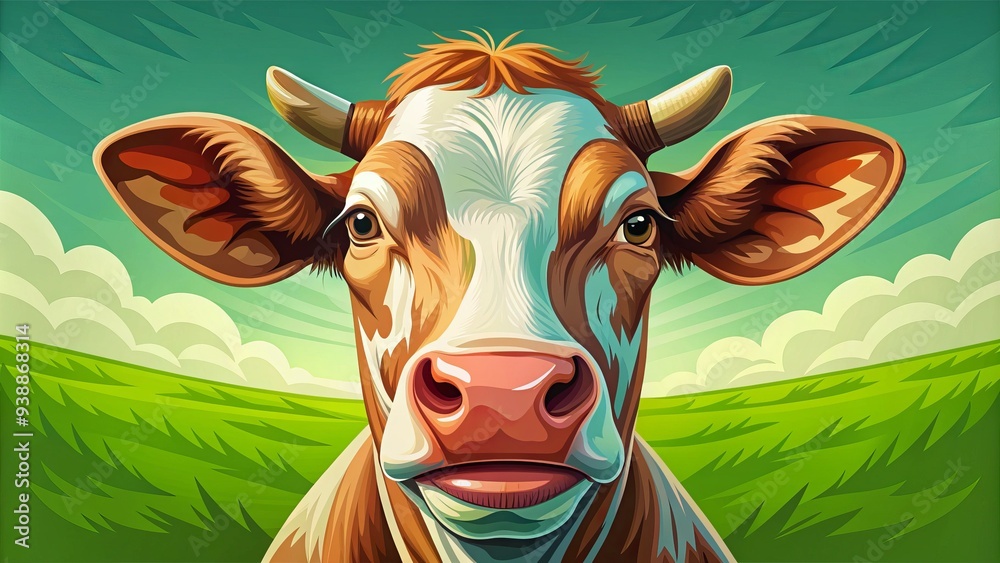 A stylized illustration of a happy cow face in a bold, farm-fresh color ...