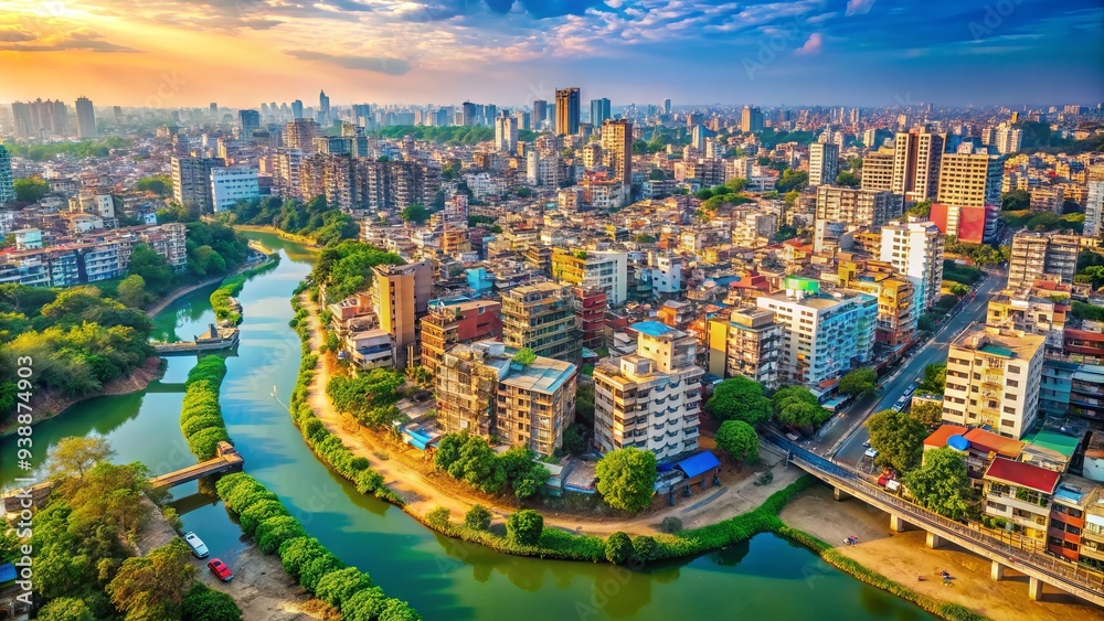 Bird's eye view of Dhaka cityscape with densely populated neighborhoods ...
