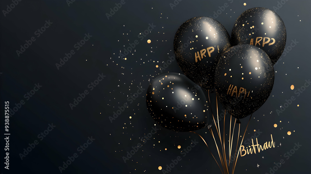 happy birthday black card with golden line balloons Stock Illustration ...
