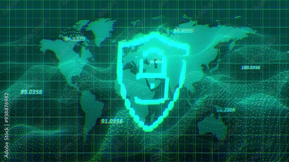 Cybersecurity shield animation over world map with data points and grid ...