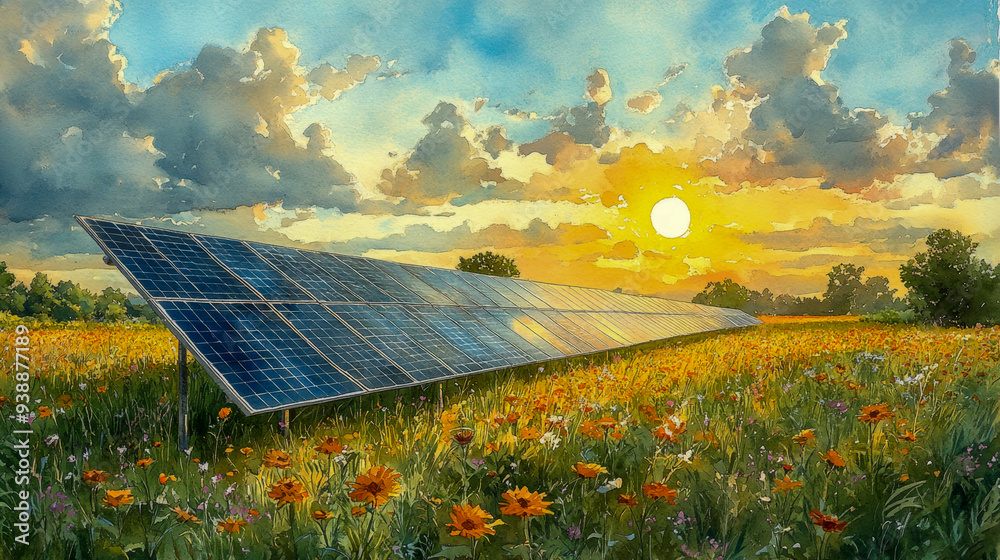 Watercolor painting of solar panels converting sun energy in a flower ...